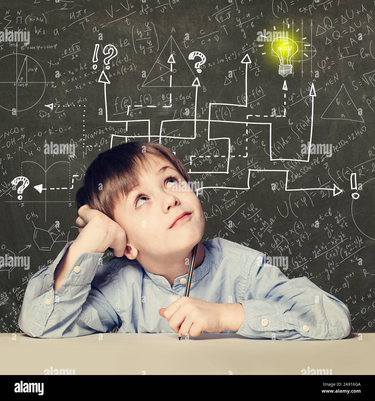 Thinking child boy with question signs and light idea bulb, education ...