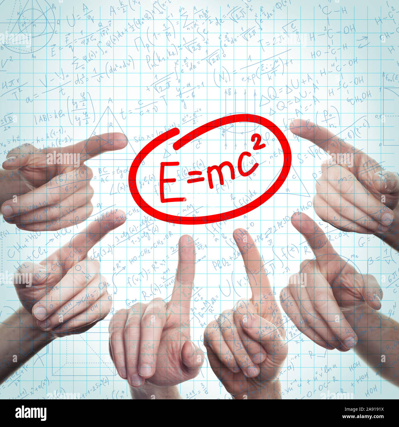 Many hands point to sign Formula. Concept science problem Stock Photo ...