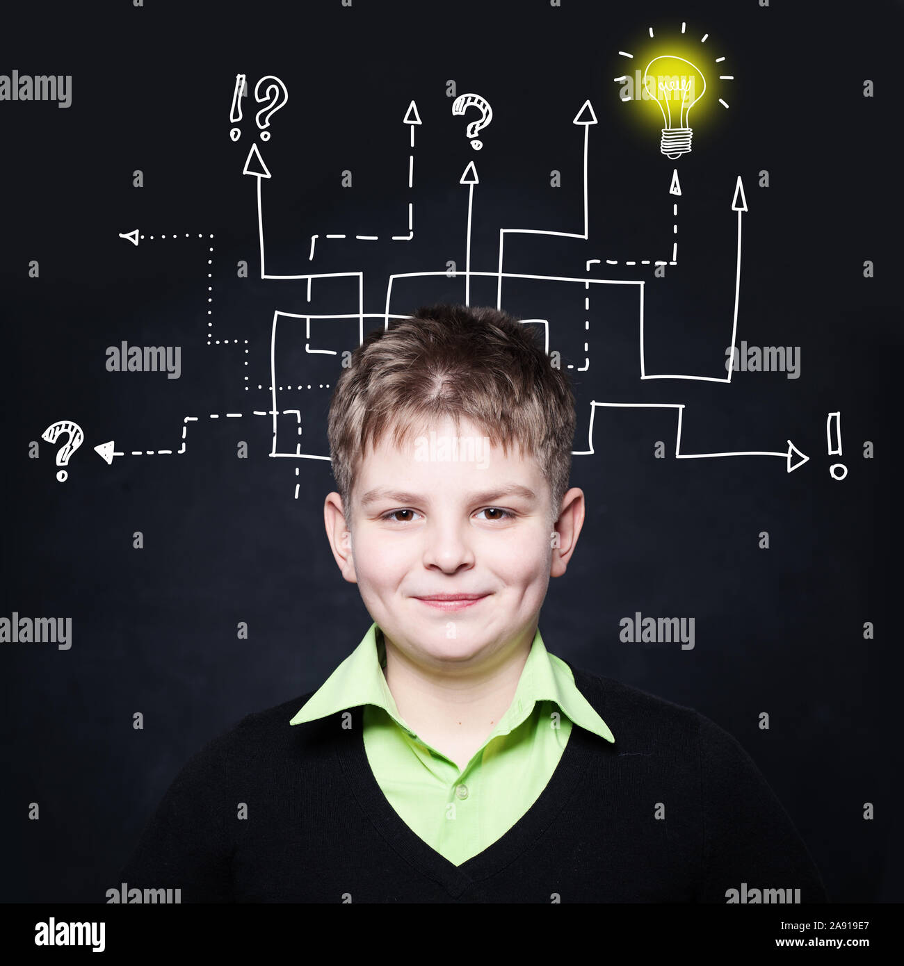 Smiling boy with question signs and light idea bulb Stock Photo - Alamy