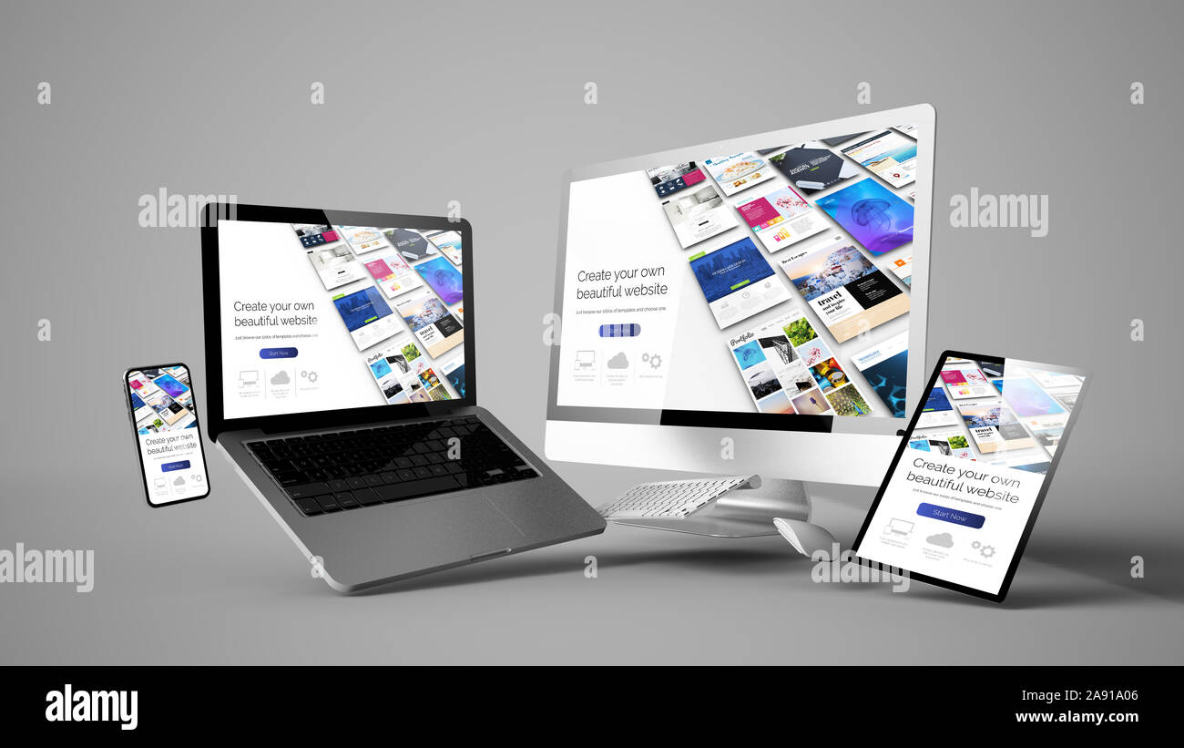 floating devices mockup with website builder design 3d rendering Stock ...