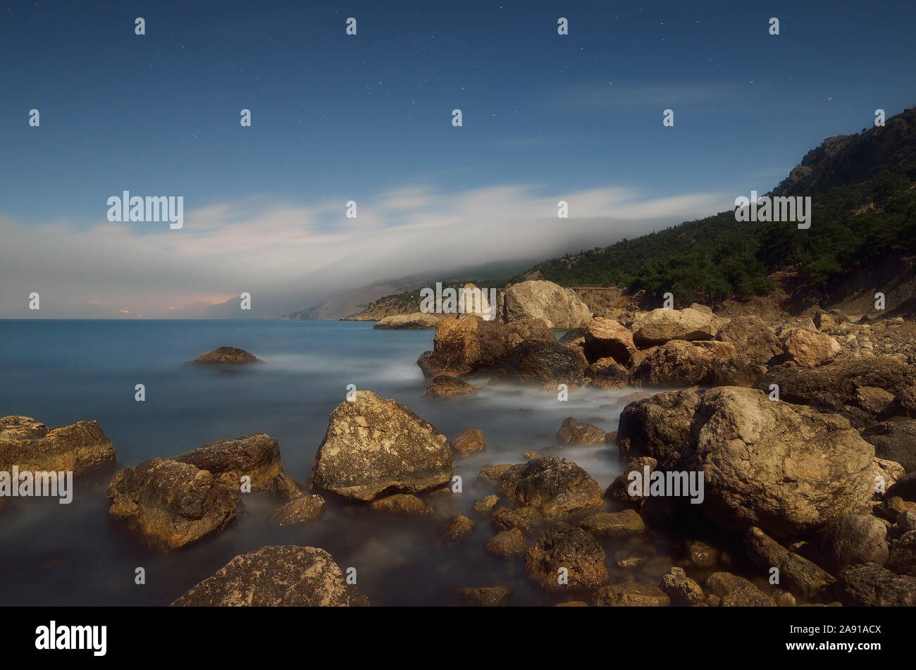 Seascape at night with the light of a full moon. Crimea, Ukraine ...