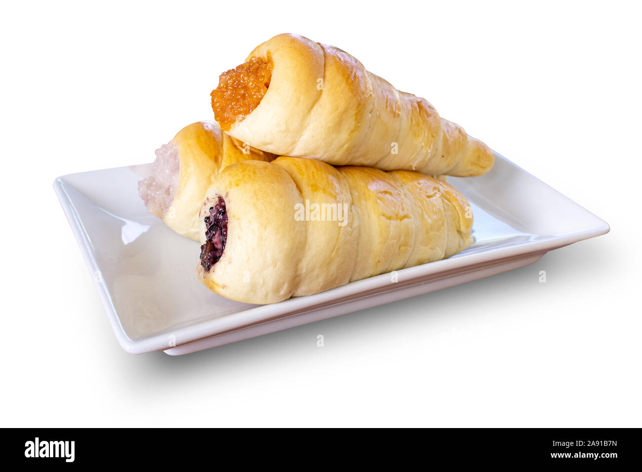 Spiral cone bread filled with sweet rice and cream isolated on white ...