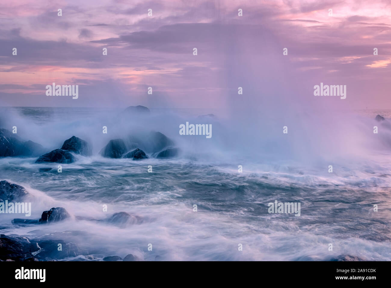 Choppy stormy seas and breaking waves with clouds of spray above the ...