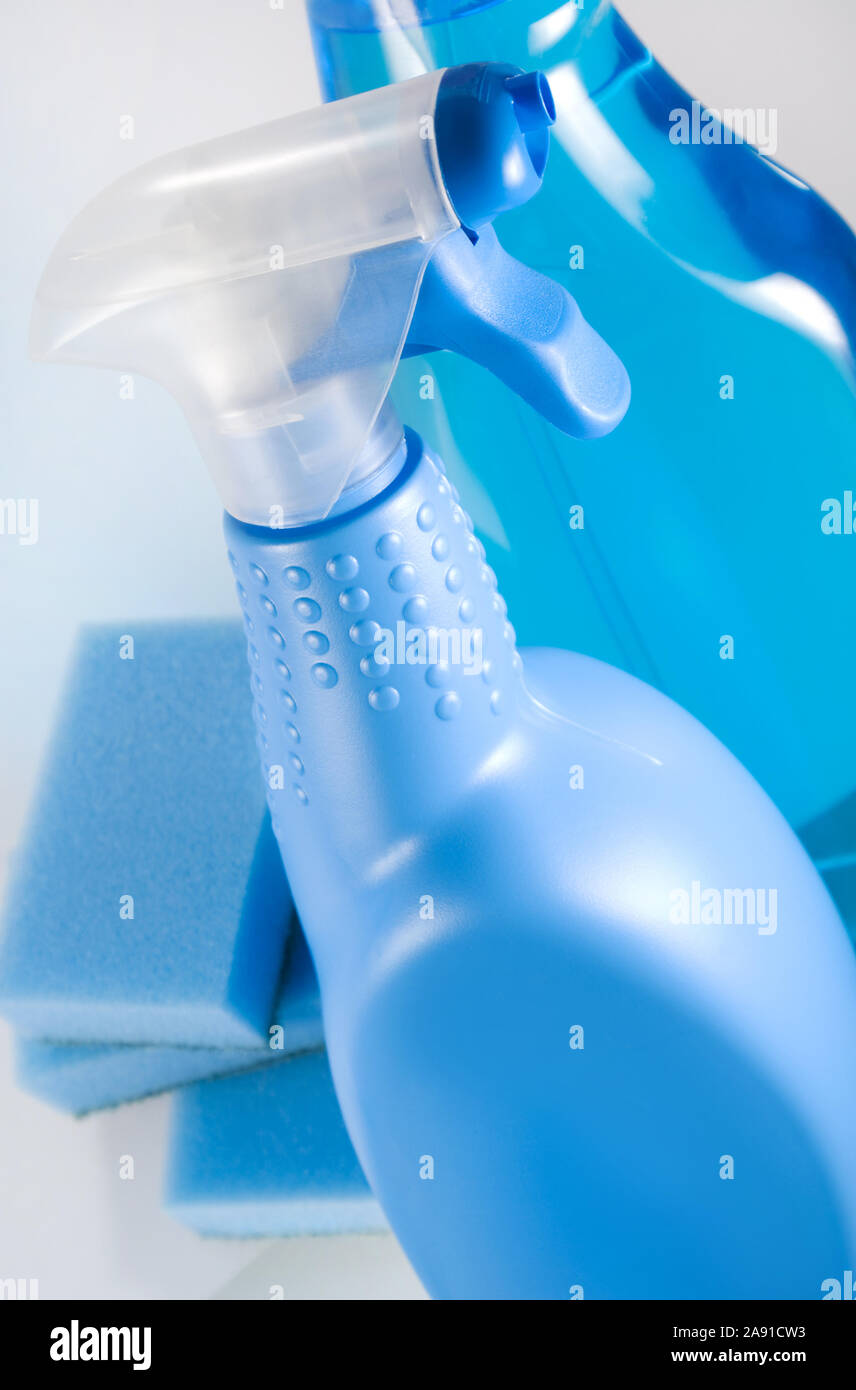 Household blue cleaning products Stock Photo - Alamy