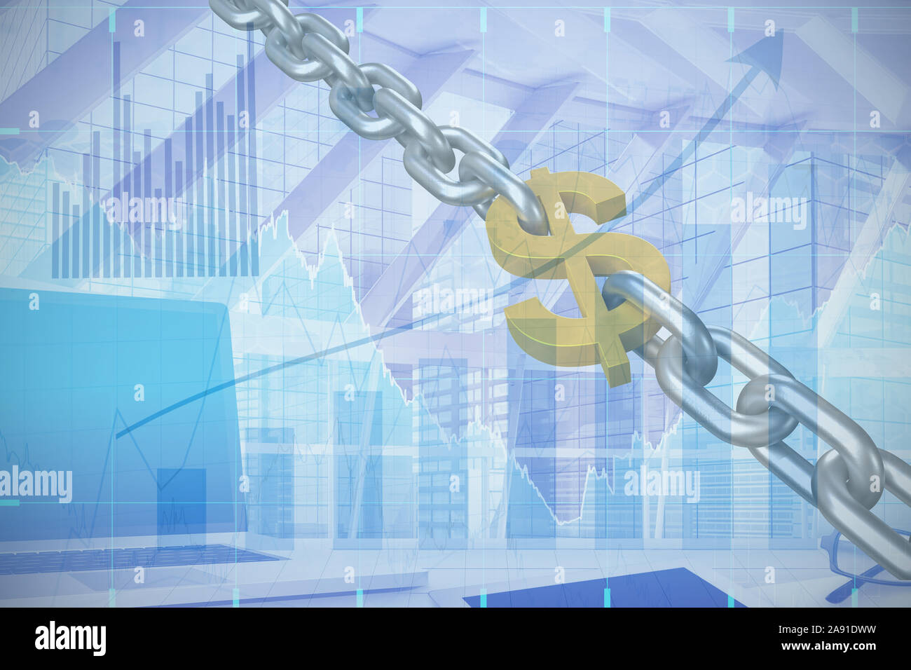 Composite image of 3d image of metallic silver chains connected to ...