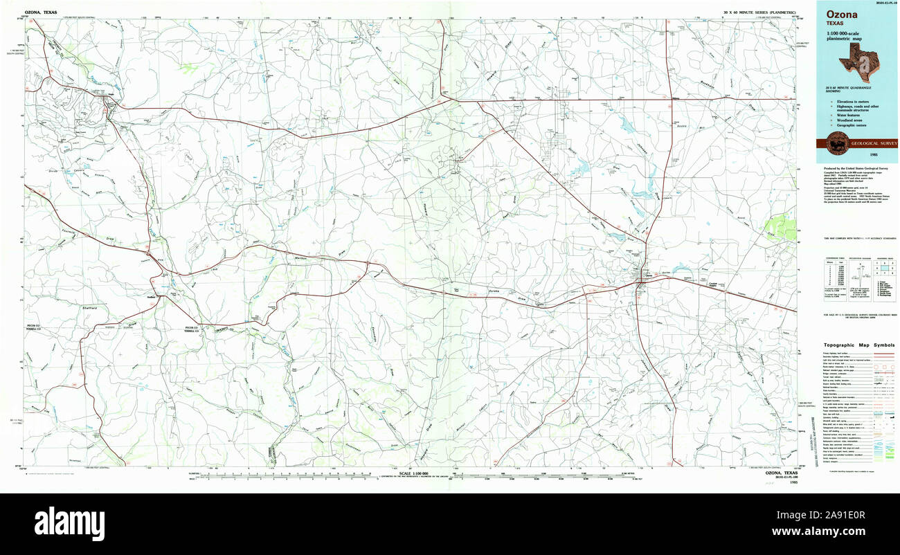USGS TOPO Map Texas TX Ozona 117426 1985 100000 Restoration Stock Photo ...