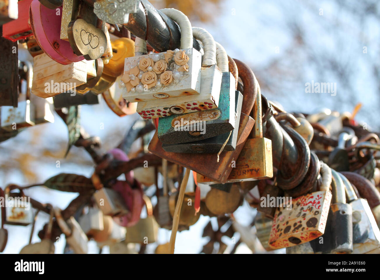 Wedding padlocks chained to the bench in city park. Symbol of love and ...
