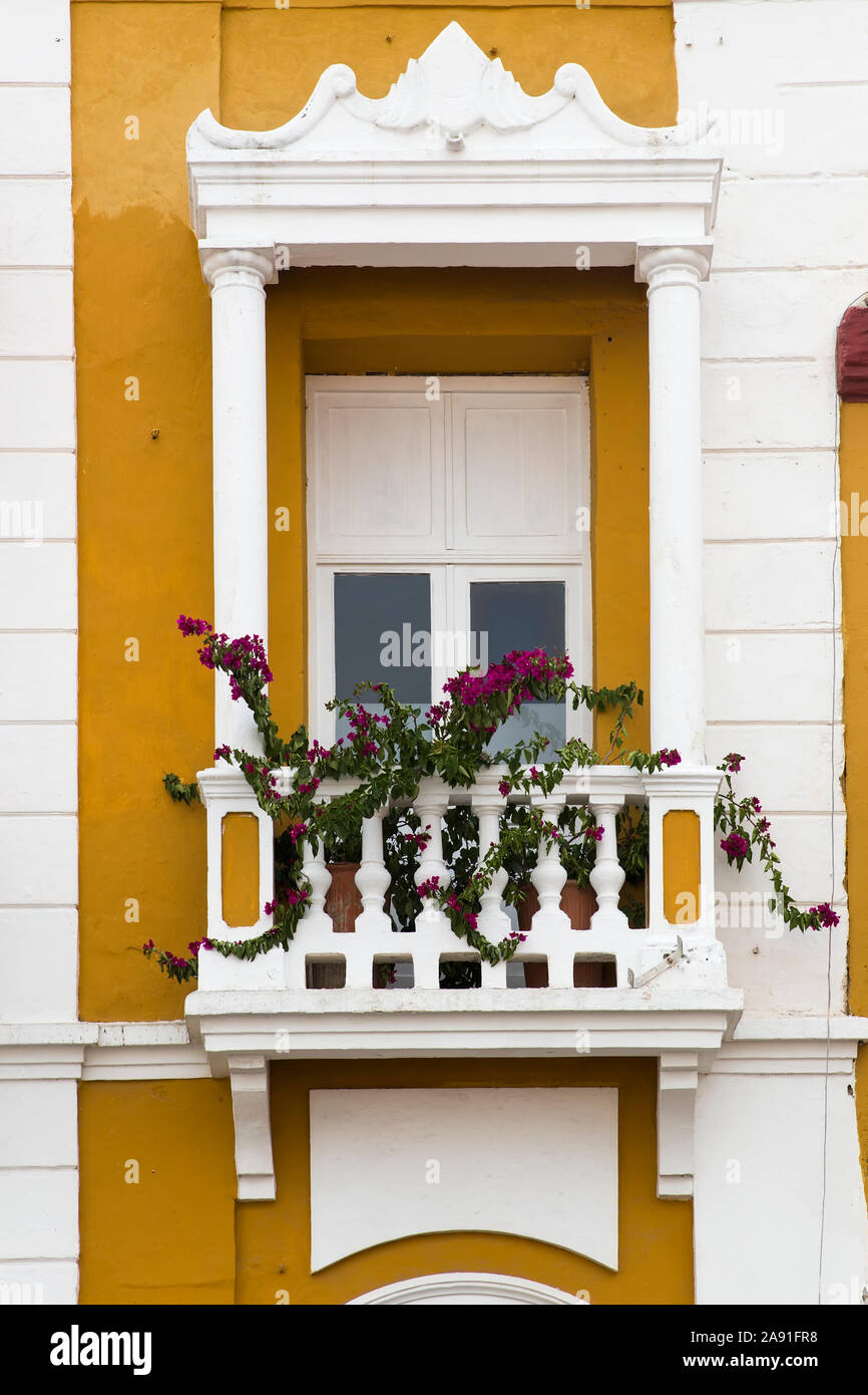 View at typical Latin American colonial window in Cartagena, Colombia ...
