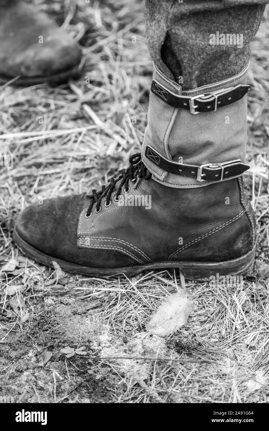 Wehrmacht Germany foot soldier boot from World War II. Black and white ...