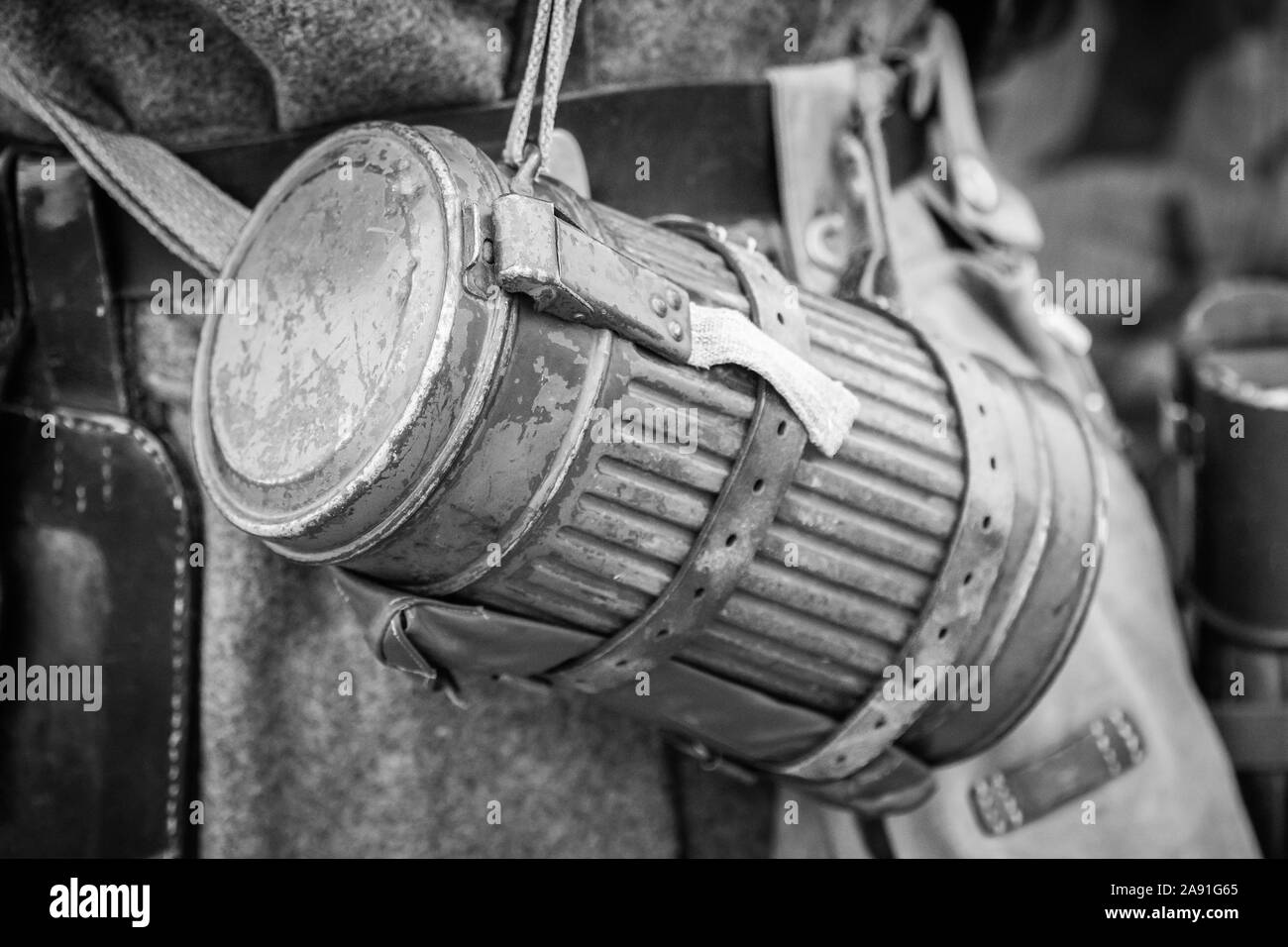 Gas container Wehrmacht Germany World War II equipment close-up. Black ...
