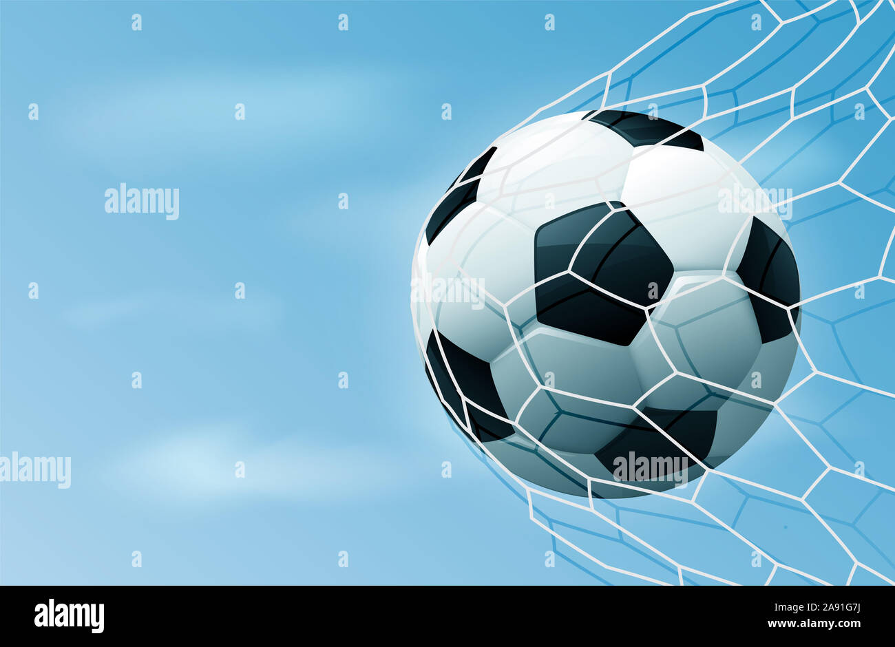 Soccer ball in goal net with blue sky. Realistic football in net with ...