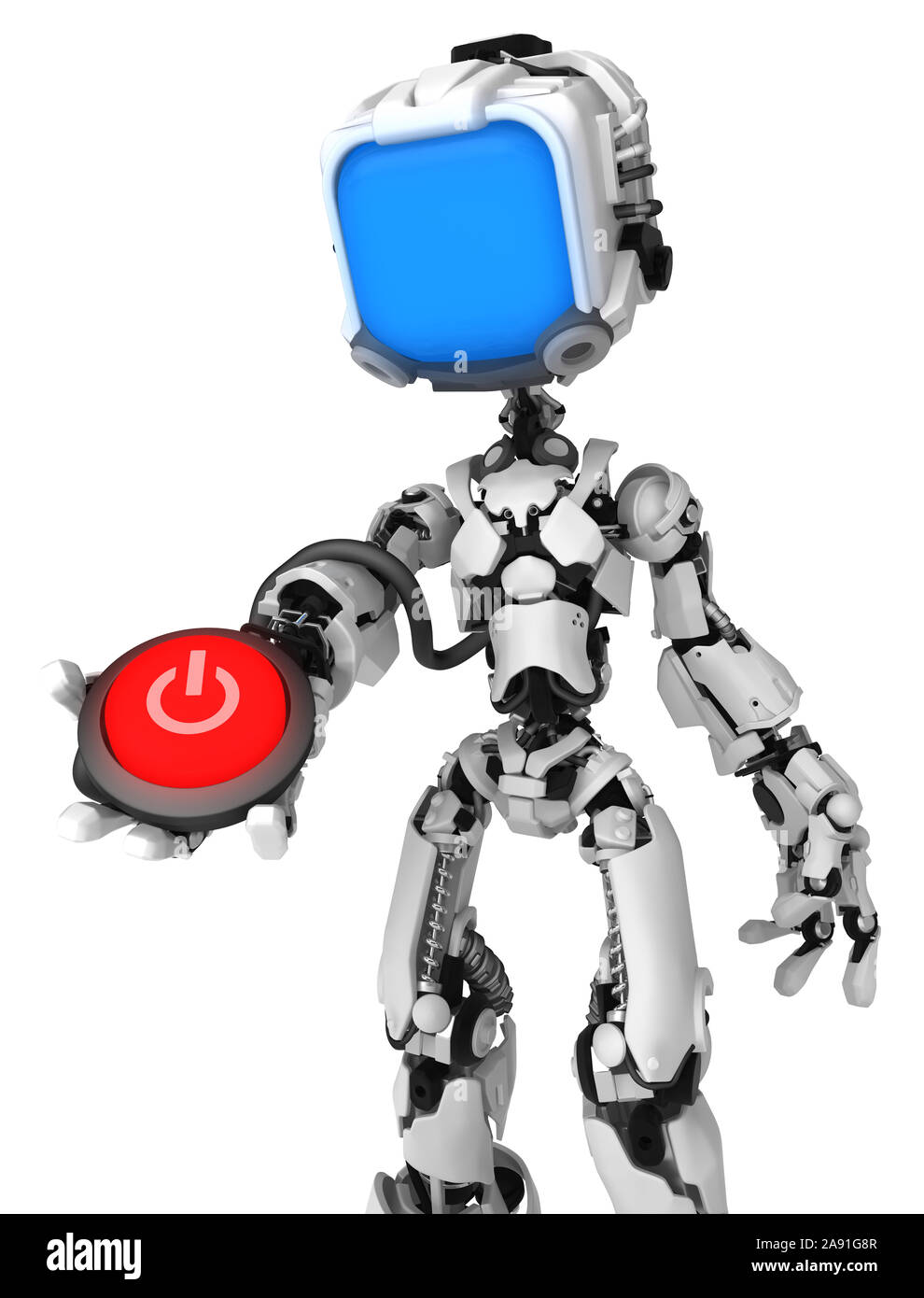 Screen robot figure character pose holding red off switch button, 3d ...