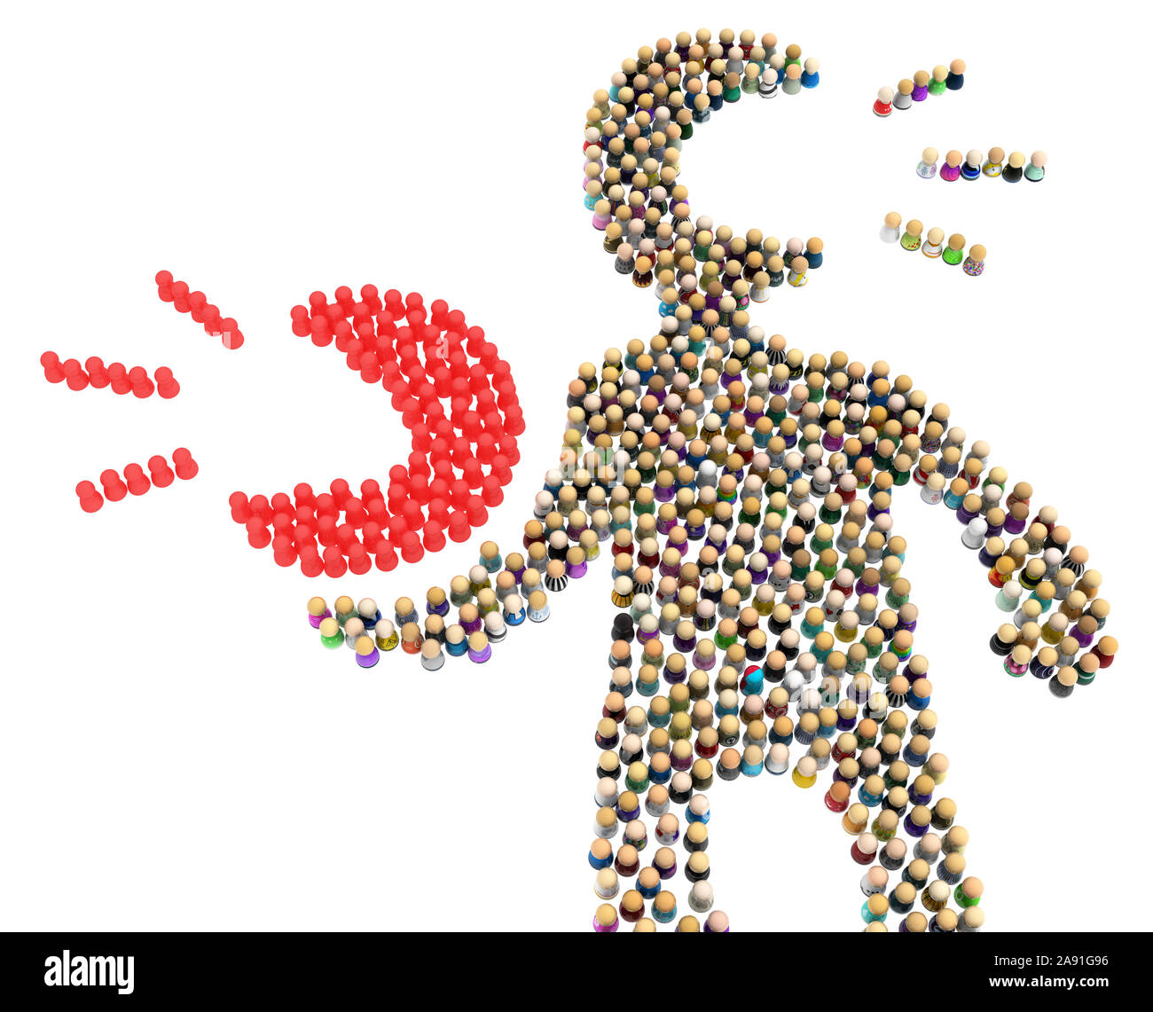 Crowd of small symbolic figures forming big person shape holding talk ...