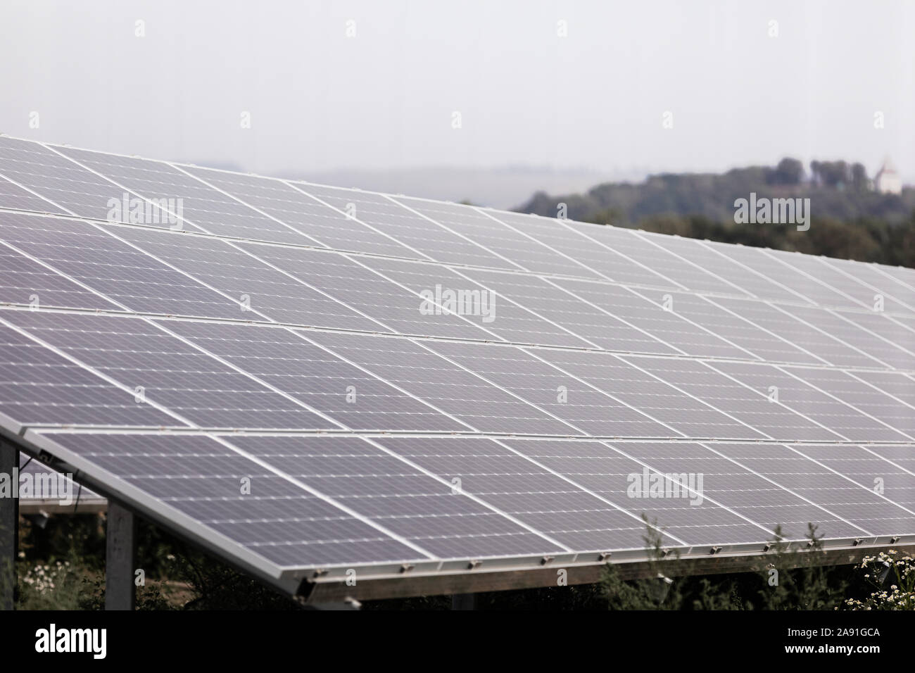 A power plant using renewable solar energy with the sun. Solar cells or ...