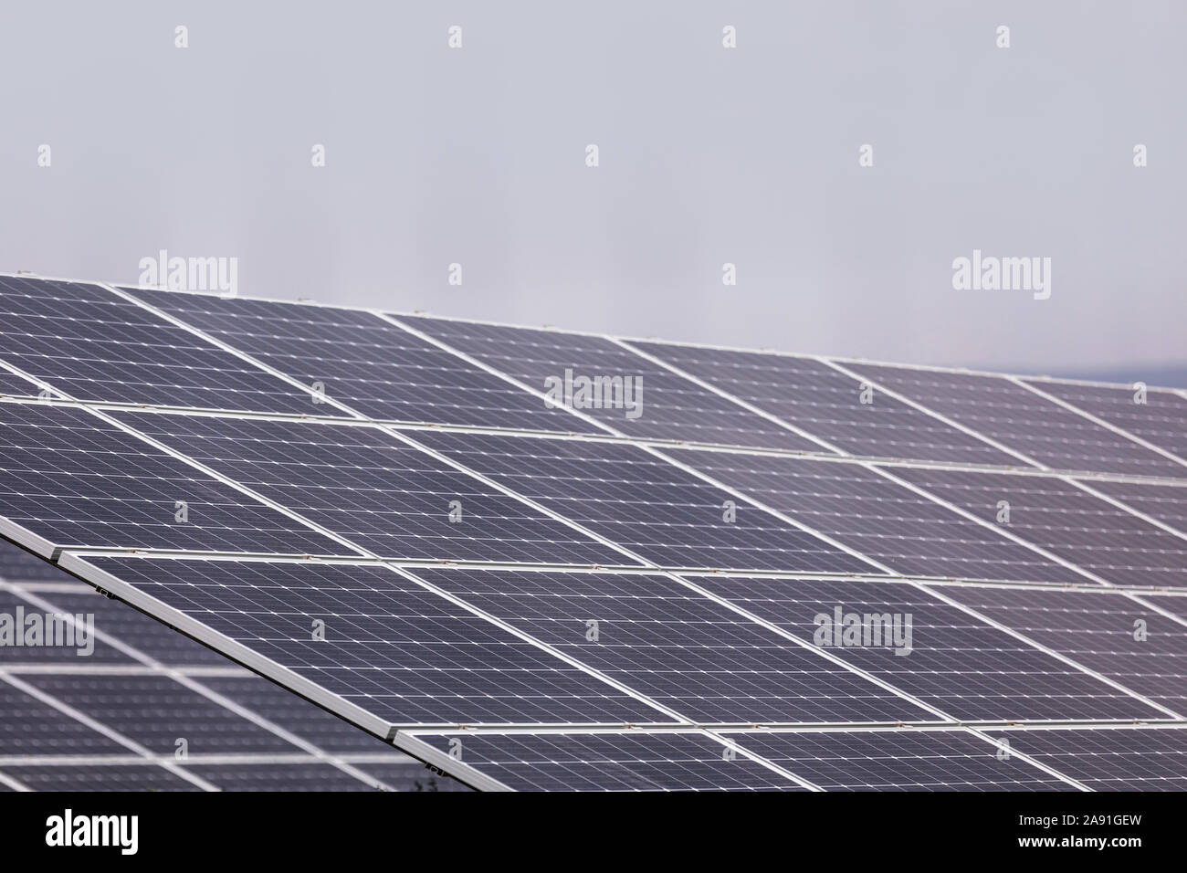 A power plant using renewable solar energy with the sun. Solar cells or ...