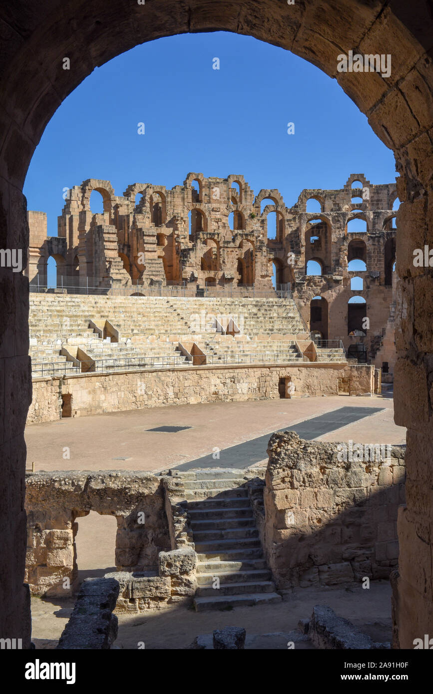 Roman amphitheater of El Jem on Tunisia, Unesco world heritage Stock ...