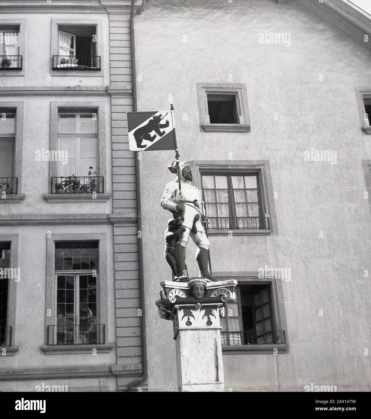 1950s, historical, statue in the city of Bern, Switzerland as seen in ...