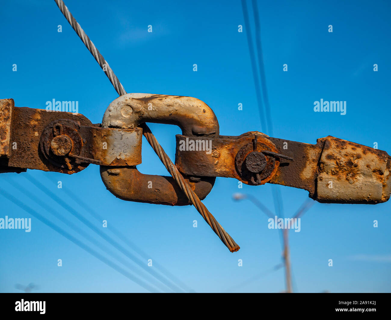 Coupling two metal cables. Industrial landscape. Place for text Stock ...