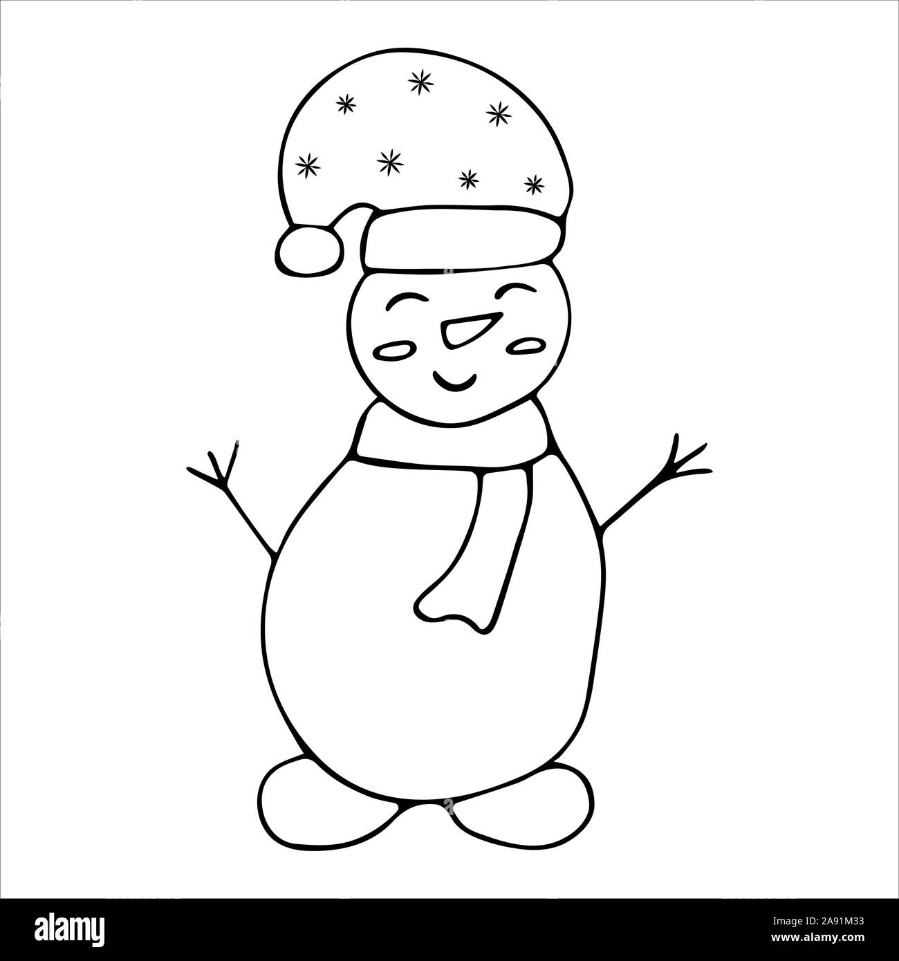 Snowman on a white background in the style of a doodle. Cute winter ...