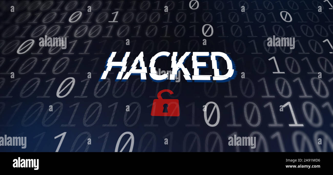 Hached inscription and open padlock icon over binary code background ...