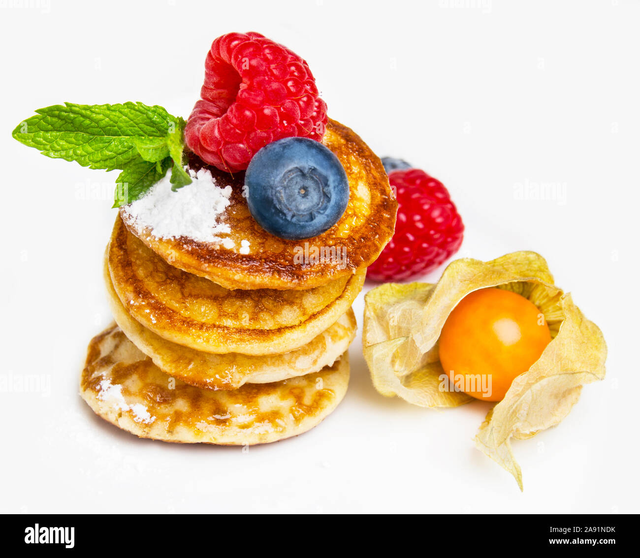 Small Pancakes and Fruits Stock Photo - Alamy