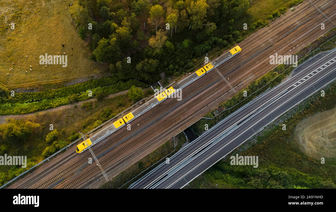 Train on tracks, aerial view Stock Photo - Alamy