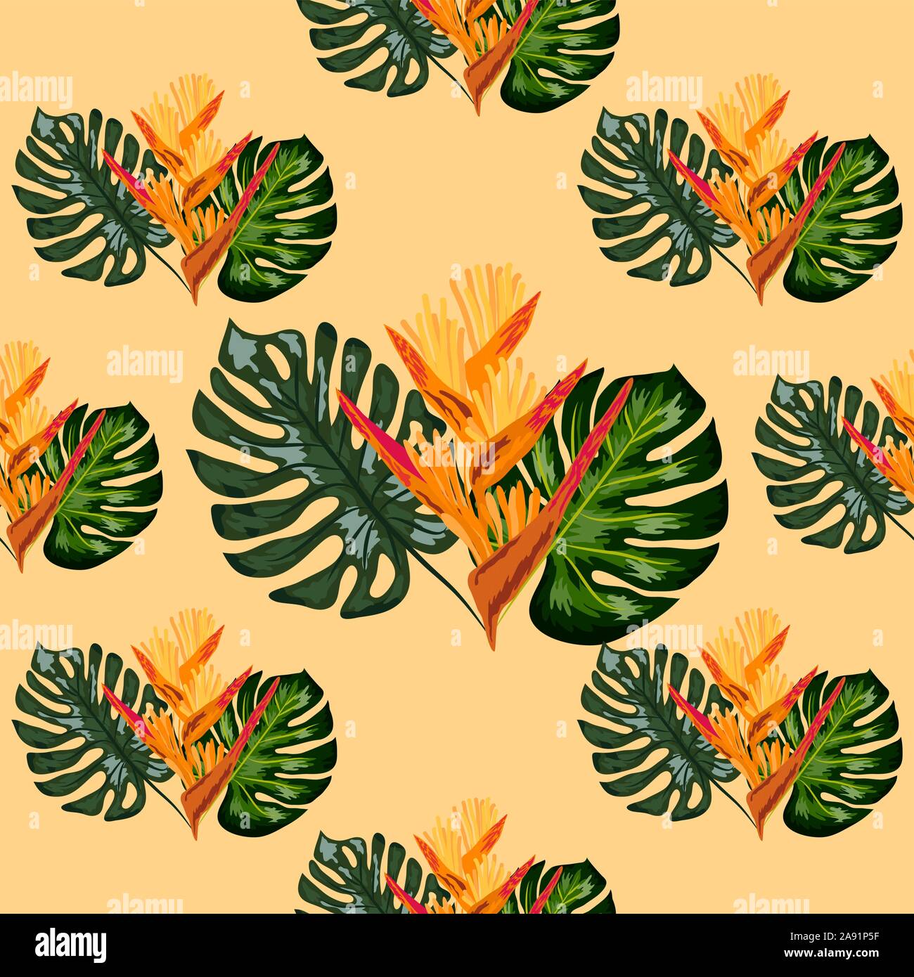 Summer jungle pattern with tropical flowers heliconia or lobster-claw ...