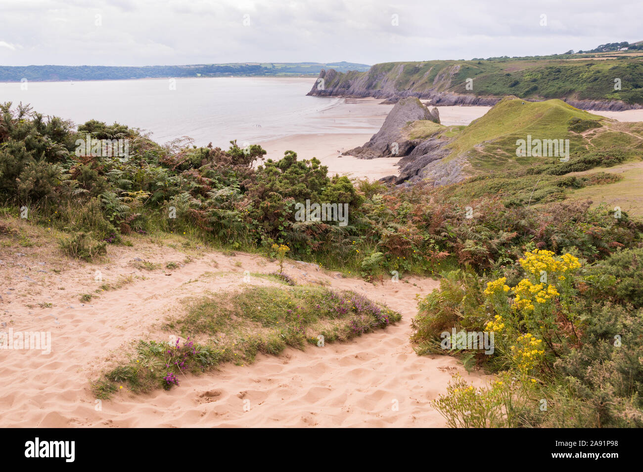 On a cliff top overlooking the beach at Three Peaks Bay on the Gower ...