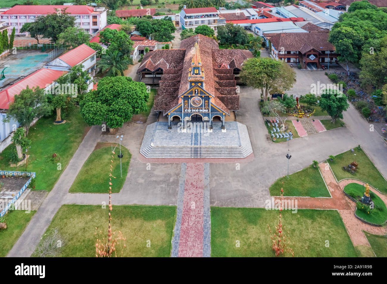 Aerial view of " Nha tho go " or Wooden church Kon Tum, Vietnam Stock ...