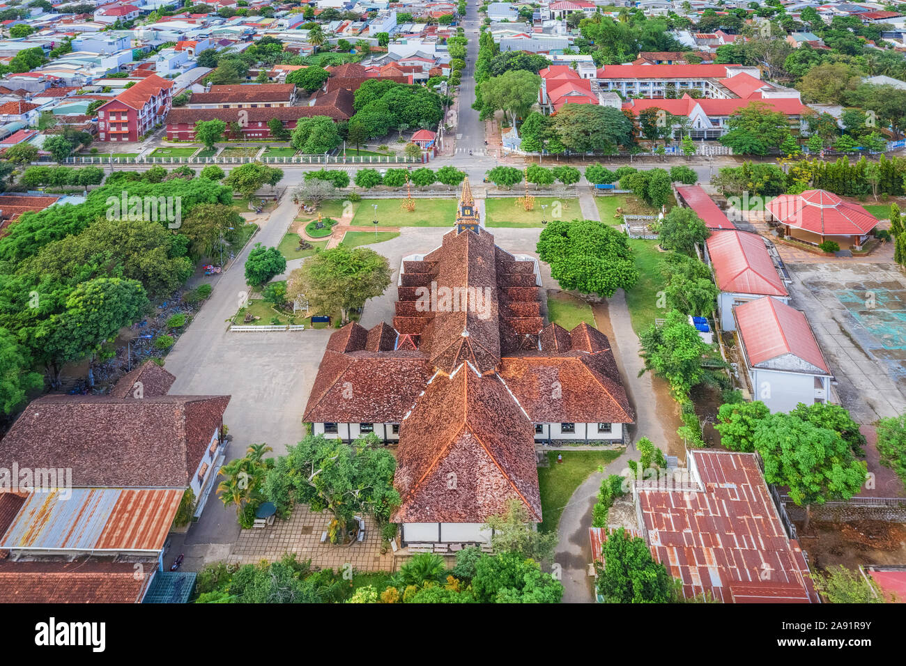 Aerial view of " Nha tho go " or Wooden church Kon Tum, Vietnam Stock ...