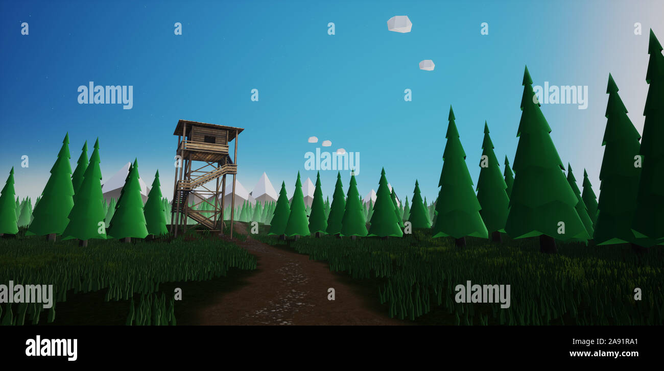 Low Poly Forest with a fire watch tower Stock Photo - Alamy