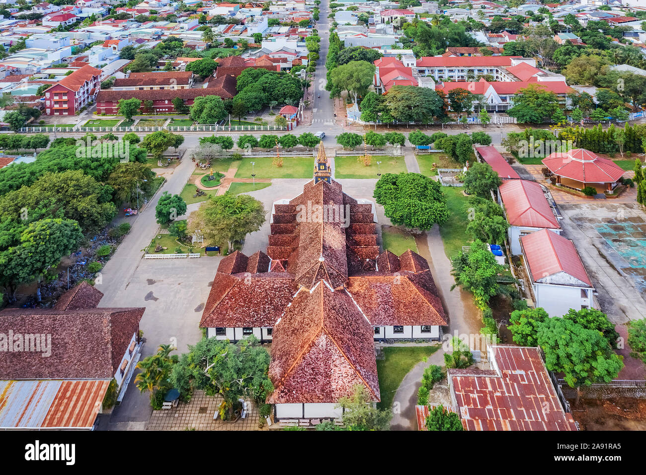 Aerial view of " Nha tho go " or Wooden church Kon Tum, Vietnam Stock ...