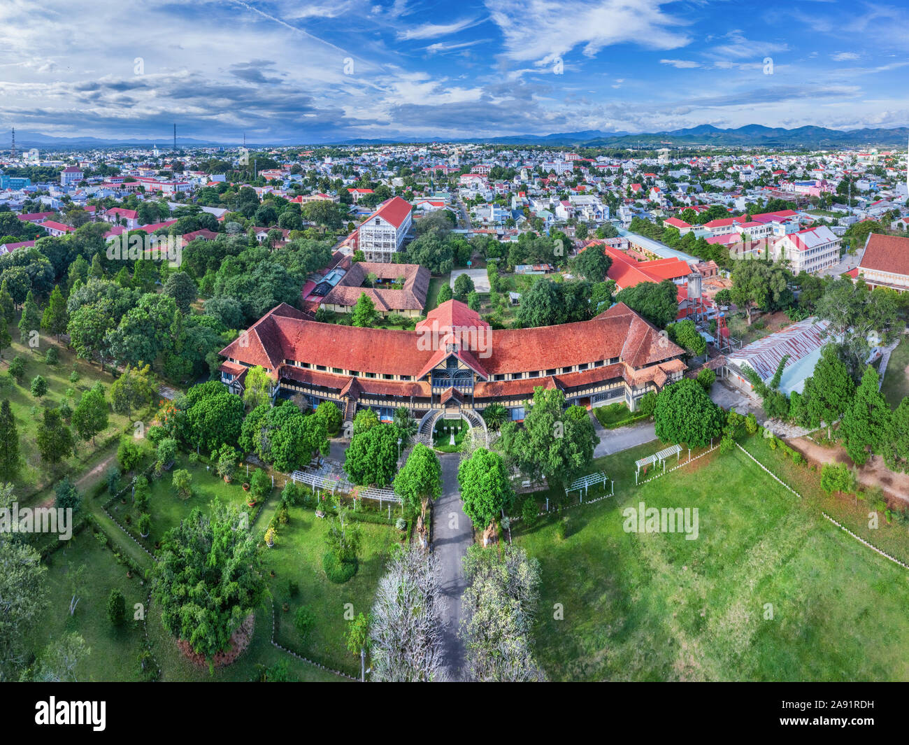 Aerial view of " Nha tho go " or Wooden church Kon Tum, Vietnam Stock ...