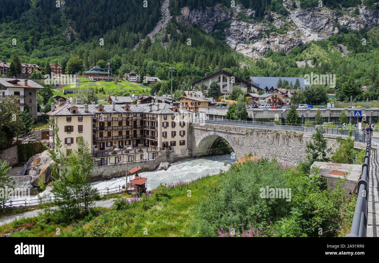 ITALY, COURMAYEUR - JULY 6: Courmayeur is a town in northern Italy, it ...