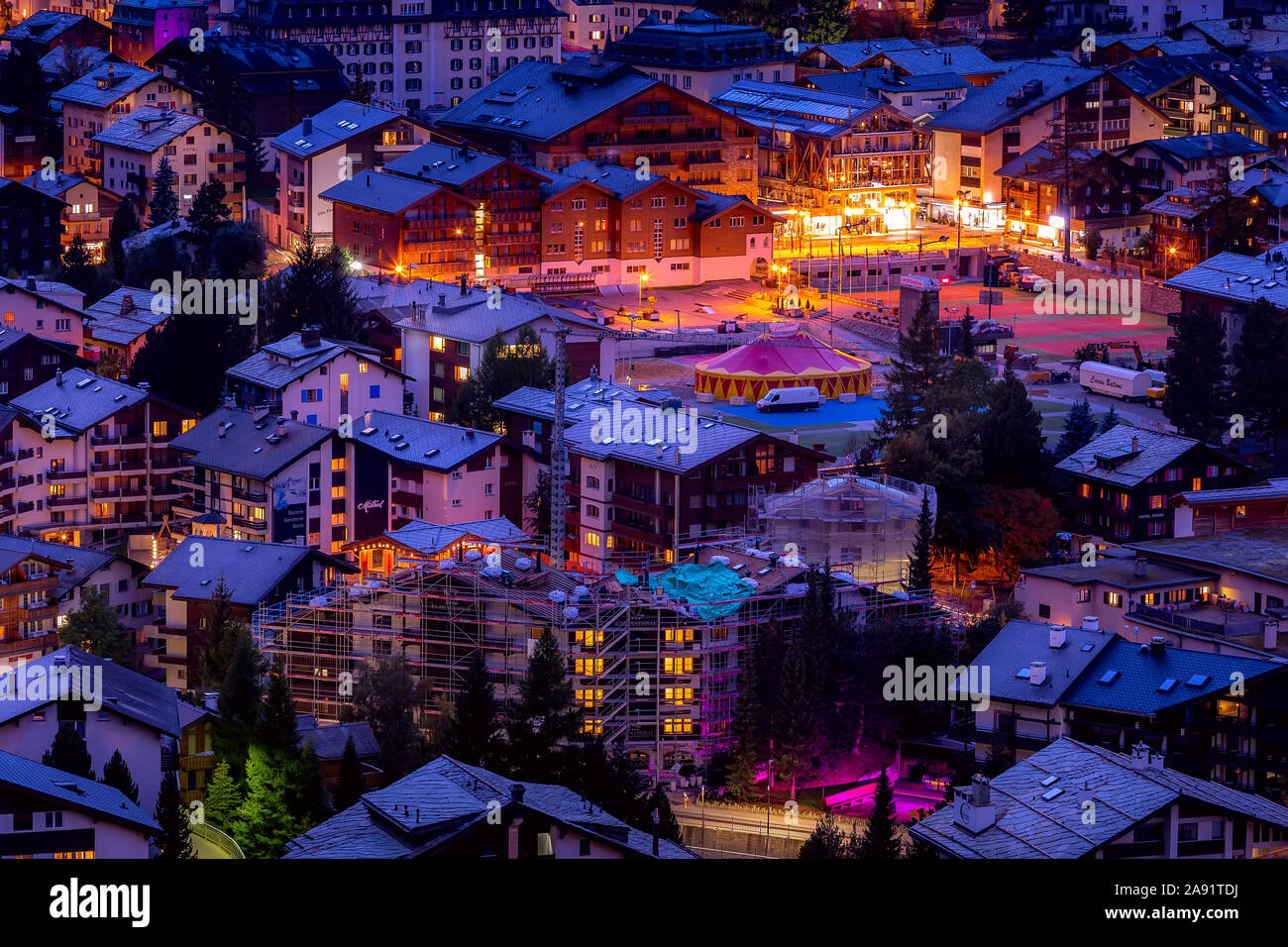 Zermatt, Switzerland - October 7, 2019: Town night aerial view in ...