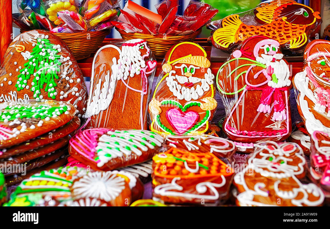 Handmade colorful gingerbreads displayed at the Christmas market in ...