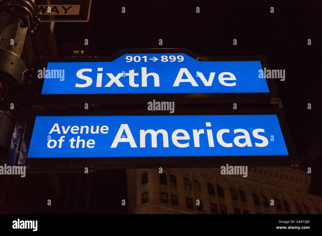 Sixth Avenue sign at night , Midtown , New York City, United States of ...