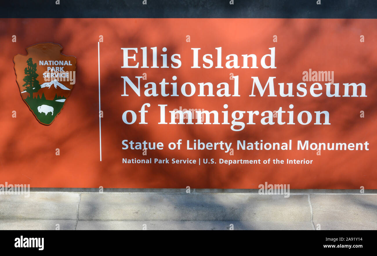 NEW YORK, NY - 04 NOV 2019: Closeup of the sign at the Ellis Island ...
