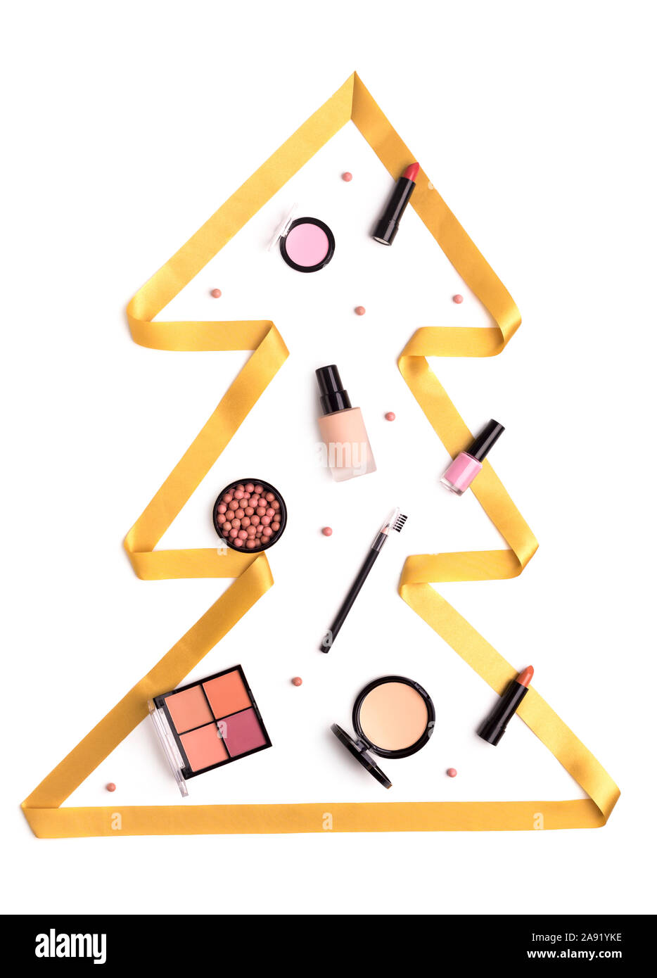 Makeup cosmetics products eyeshadows, lipstick, mascara decorating ...