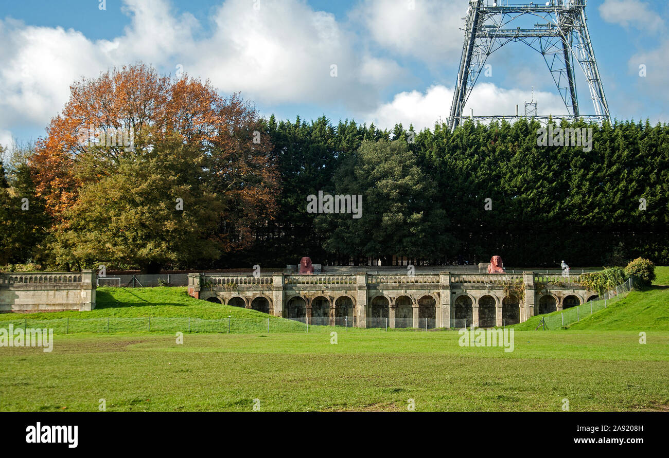 Crystal Palace Park in South East London. View of ruins and a sphinx ...
