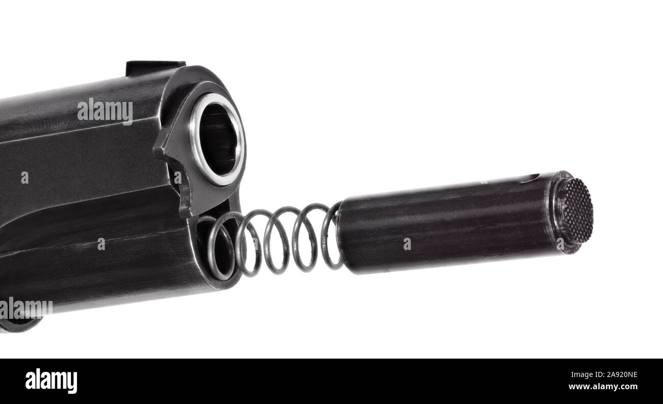 Metal pistol with spring and its plug isolated on white Stock Photo - Alamy
