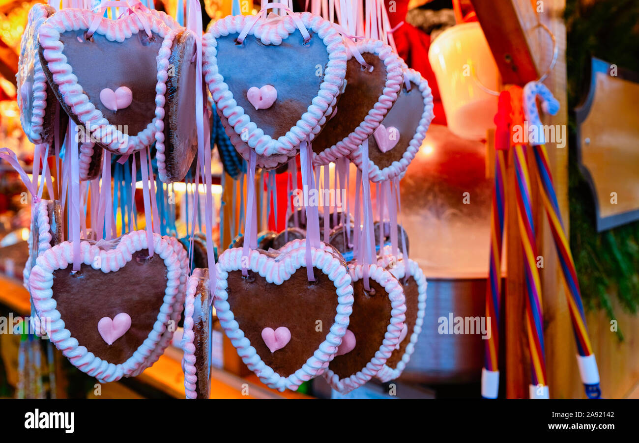 Heart shape Gingerbread cookies in Christmas market of Germany Stock ...