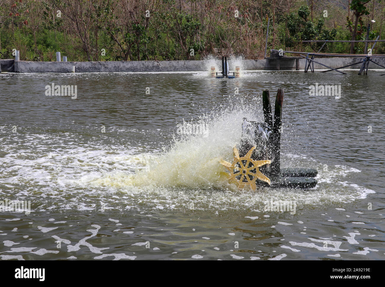 Electric motor-driven paddle wheels oxidize water in a fish and shrimp ...