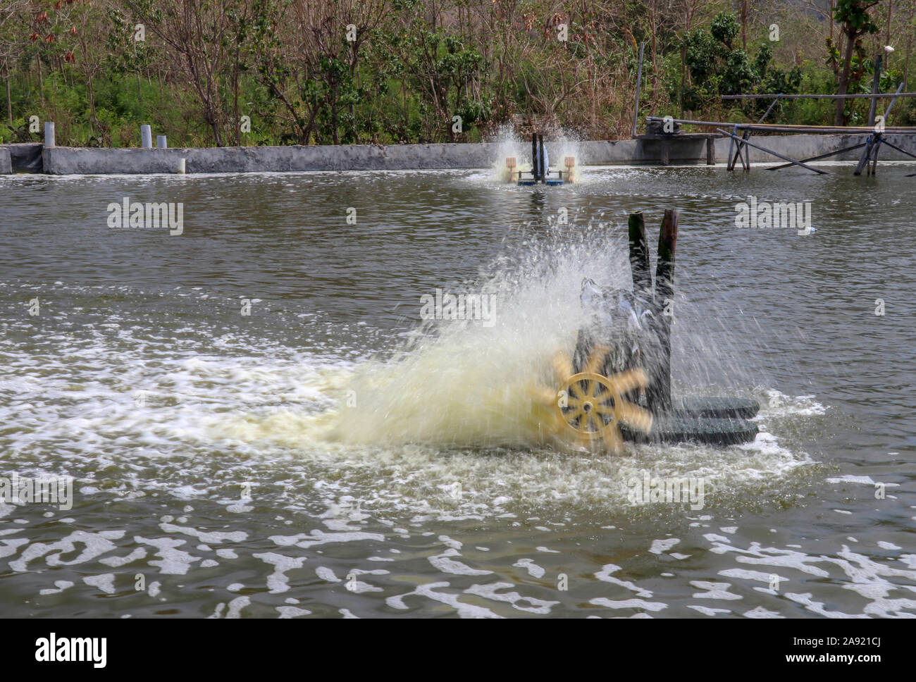 Electric motor-driven paddle wheels oxidize water in a fish and shrimp ...