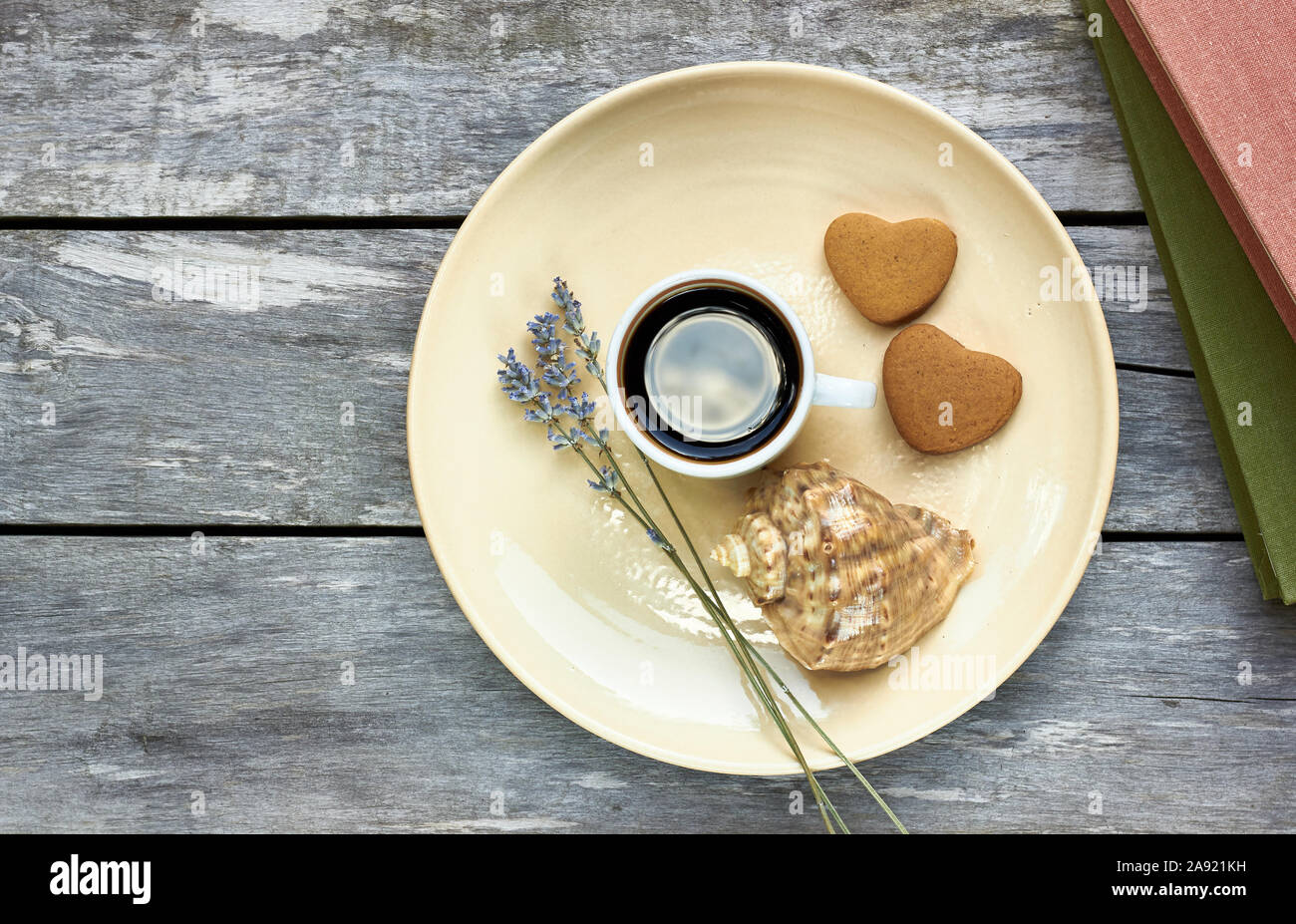 Scandinavian breakfast at the sea: coffee, heart shaped cookies ...