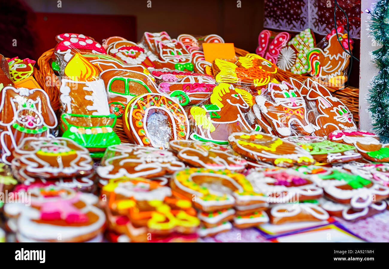 Handmade colorful gingerbreads displayed at Christmas market in Riga ...