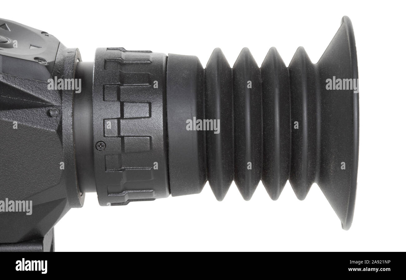 Rubber bellows on the end of a rifle scope with a white background ...