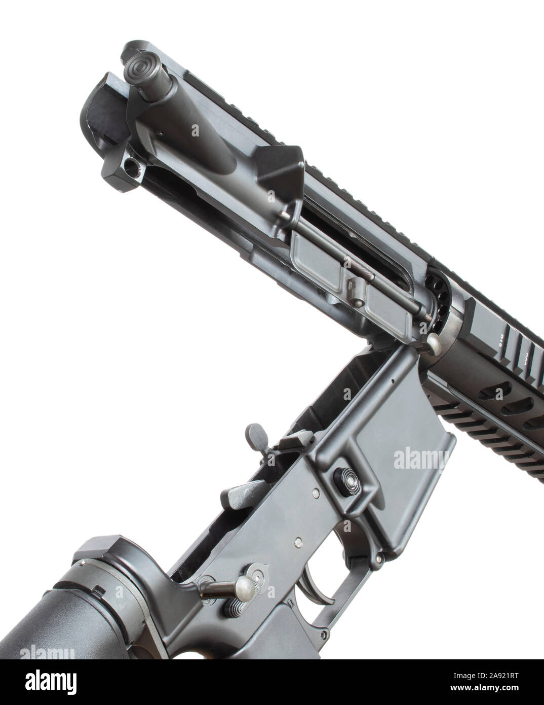 AR-15 upper and lower receivers rotated apart on a white background ...
