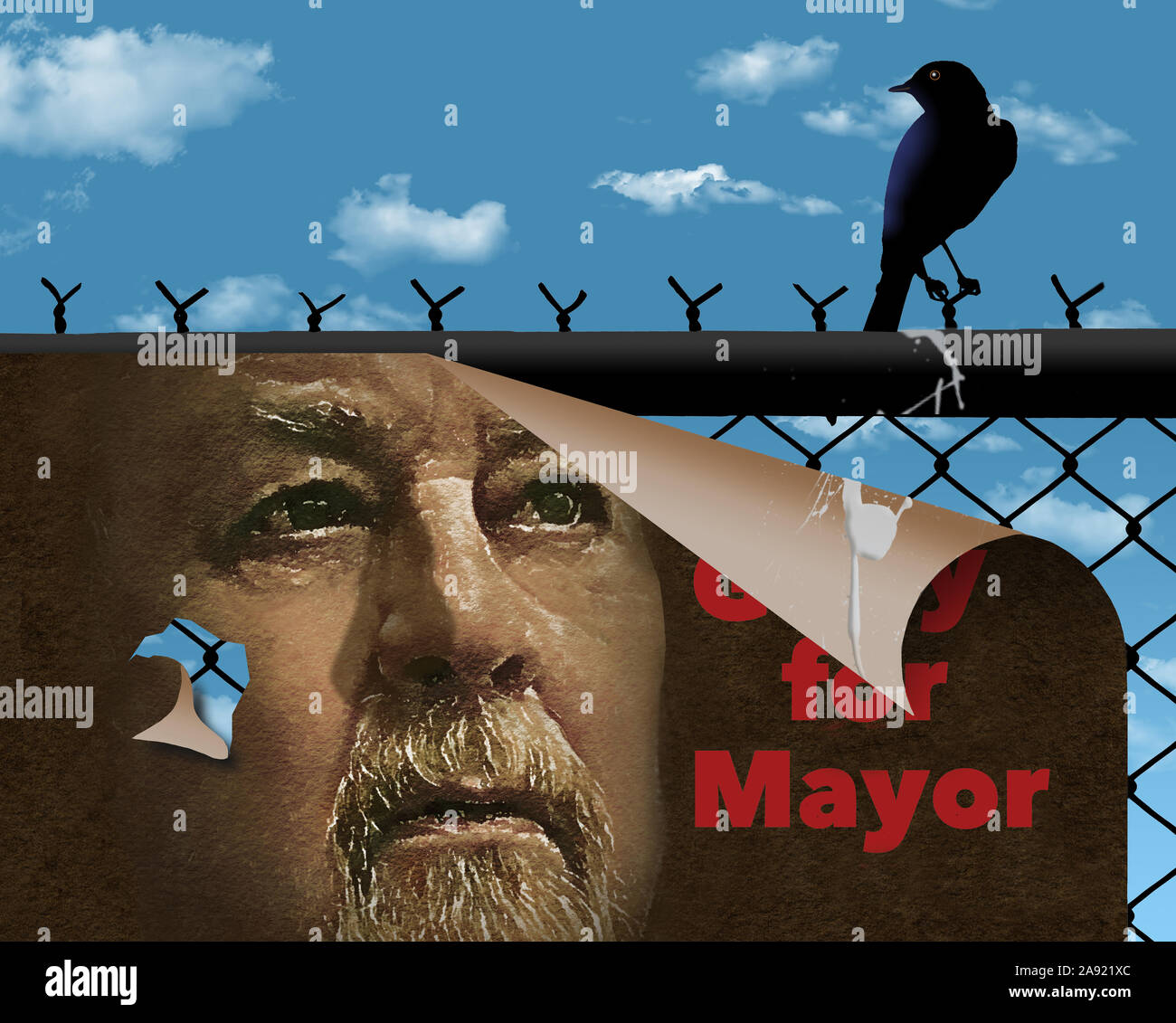 A battered local election poster is peeling off a fence in the time ...