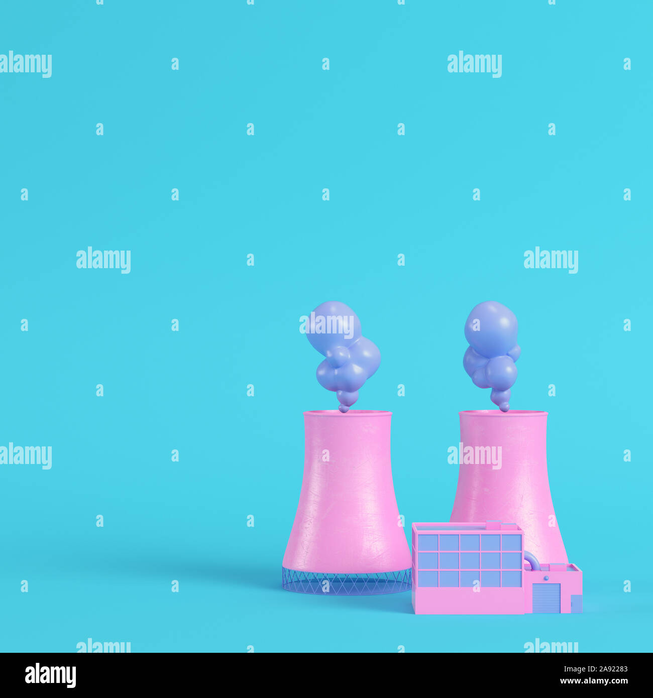 Pink nuclear power plant on bright blue background in pastel colors ...